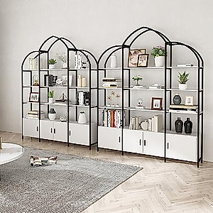 semoic Triple Wide 5-Tier Bookshelf, Extra Arched Bookcase with Storage Cabinet, Modern Etagere Bookcase Tall Open Display Shelf for Home Office