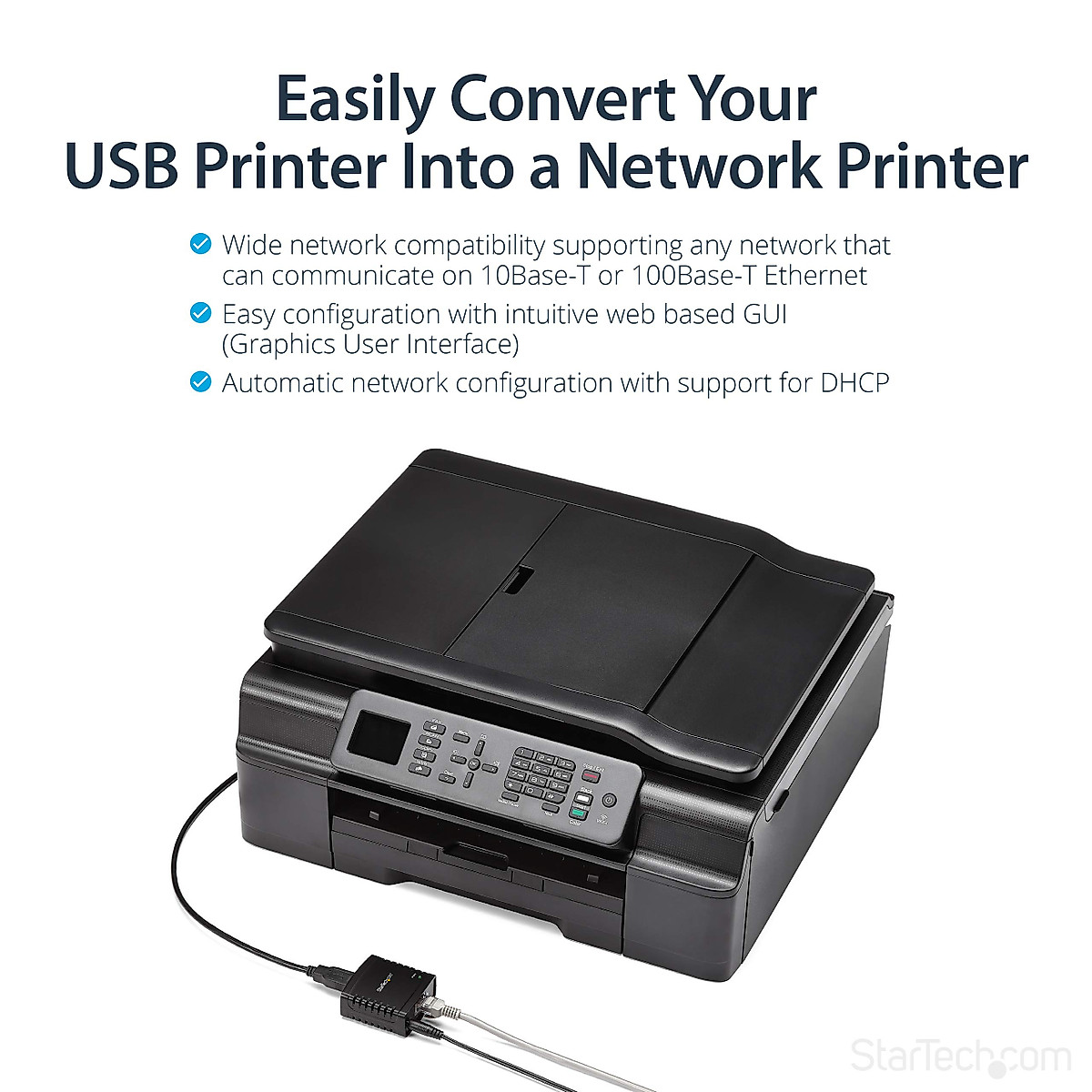 StarTech.com 10/100Mbps Ethernet to USB 2.0 Network Print Server - Windows 10 - LPR - LAN USB Print Server Adapter (PM1115U2)