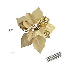 Crazy Night 12Pcs 8.7inch Gold Glitter Poinsettia Artificial Flowers,Christmas Tree Decorations,Wedding Xmas New Year Wreath Ornaments