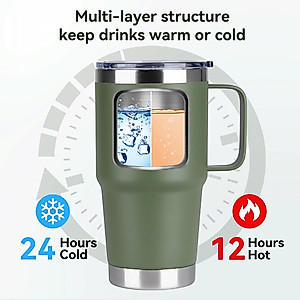 HASLE OUTFITTERS 20oz Tumbler with Lid, Stainless Steel Tumbler with Handle, Metal Insulated Travel Coffee Mug with Handle, Double Wall Vacuum Spill Proof Tumbler Cup, Amy Green 1 Pack