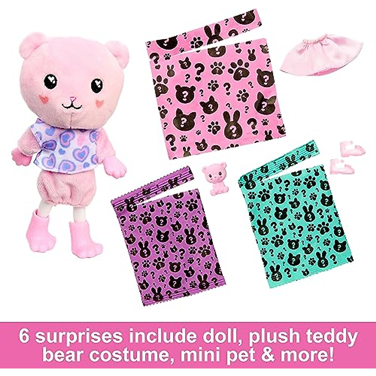 Barbie Chelsea Cutie Reveal Small Doll & Accessories, Brunette with Teddy Bear Costume, 6 Surprises (Styles May Vary)