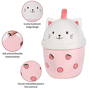 MMguai 14 inch Cute Big Boba Tea Strawberry Cat Plush Soft Hugging Pillow,Large Pink Pearl Milk Tea Stuffed Animals Toy Room Decor,Gifts for Kids Girls Birthday, Christmas