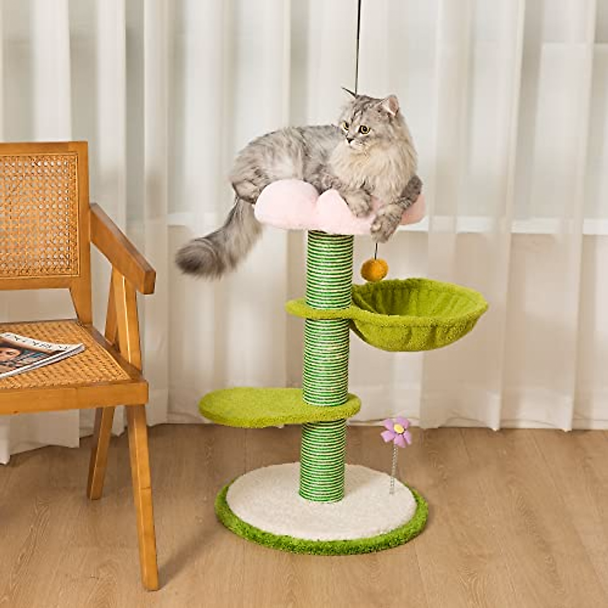PET WONDERLAND Cute Cat Tree 29 Inches Pink Flower Cat Tower with Scratching Post for Small Cats,Green Cat Hammock Bed,Plush Perch,Cozy Platforms,Unique cat Scratcher,Cat Furniture for Indoor Cats