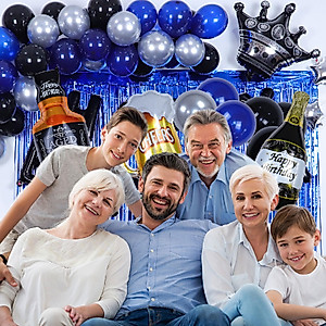 Blue and Black Happy Birthday Decorations for Men,Birthday Decorations with Banner, Fringe Curtains, Beer Crown Foil Balloons, Balloon Kits for 21st,25th 27th 30th 35th 40 50 60th Birthday Decorations