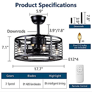 Dannilong Ceiling Fans with Lights - Modern Enclosed Ceiling Fan Indoor with Remote Control, Black Caged Industrial Ceiling Fan Light Kit for Living Room, Bedroom, Kitchen (Stripped)