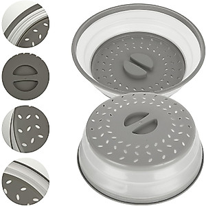 Microwave Splatter Cover Collapsible Microwave Cover for Food, Colander Basket for Fruit and Vegetable, 10.5inch Grey