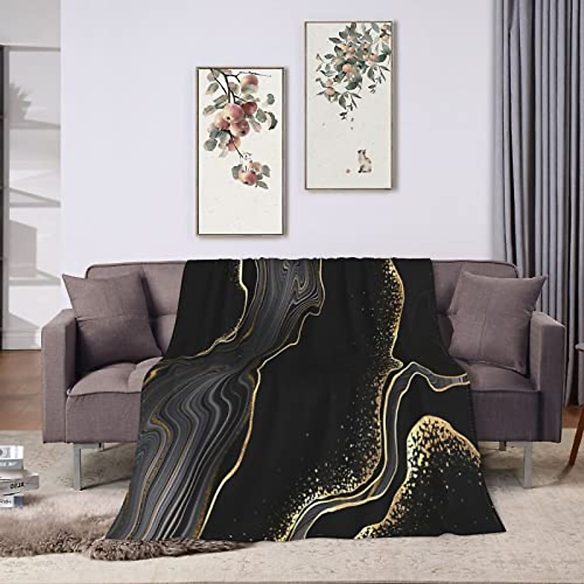 Black and Gold Fleece Blanket Throw Blanket, Ultra-Soft Cozy Micro Fleece Blanket for Sofa, Couch, Bed, Camping, Travel, & Car Use-All Seasons Suitable80 X60