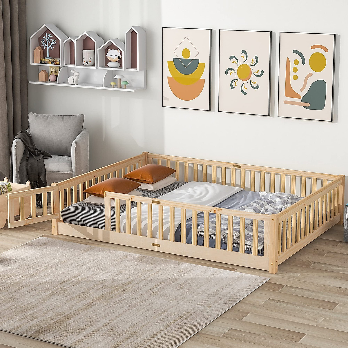 LLS Queen Floor Bed for Children, Durable Montessori Floor Bed with Wood Slats, Safety Fence & Small Door, Wood Floor Bed Frame for Girls Boys Children, Natural (with Bed Slats)