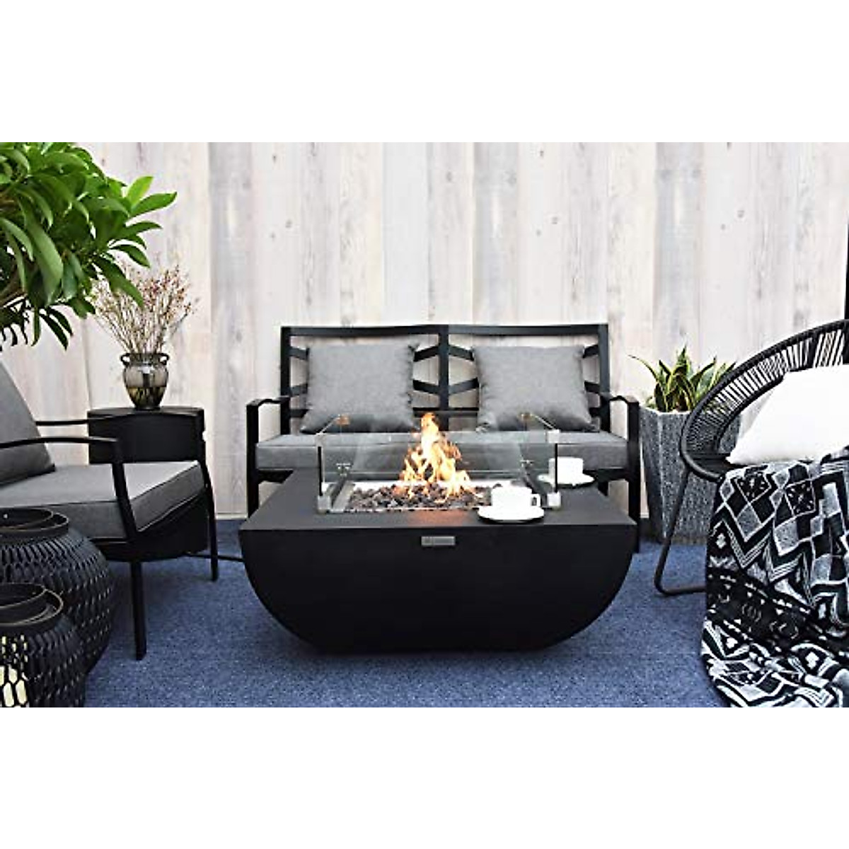 Modeno Aurora Outdoor Fire Pit Propane Table 34 Inches Square Firepit Table Concrete High Floor Clearance Patio Heater Electronic Ignition Backyard Fireplace Cover Lava Rock Included