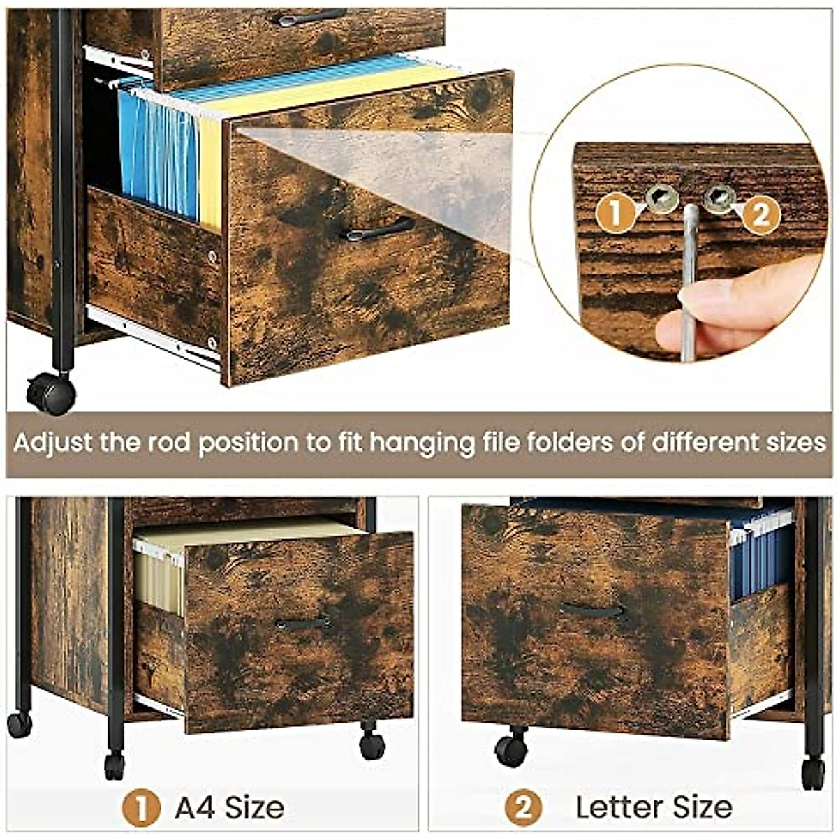 MAXCBD Nightstand Bedside Table Drawer Cabinet Rolling File Cabinet with 2 Drawers Under Desk Office Filing Cabinet On Wheels Top Drawer Can Hold Items Up to 33 Lbs Storage Tower Dresser