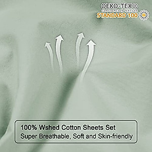 PHF 100% Garment Washed Cotton Sheets Set Twin Size, Ultra Soft Cotton Bedding Sheets Set, 3 PCS Breathable Moisture-Wicking DurableSheet Set,Deep Pocket Cotton Bed Sheet Up to 16", Sage Green