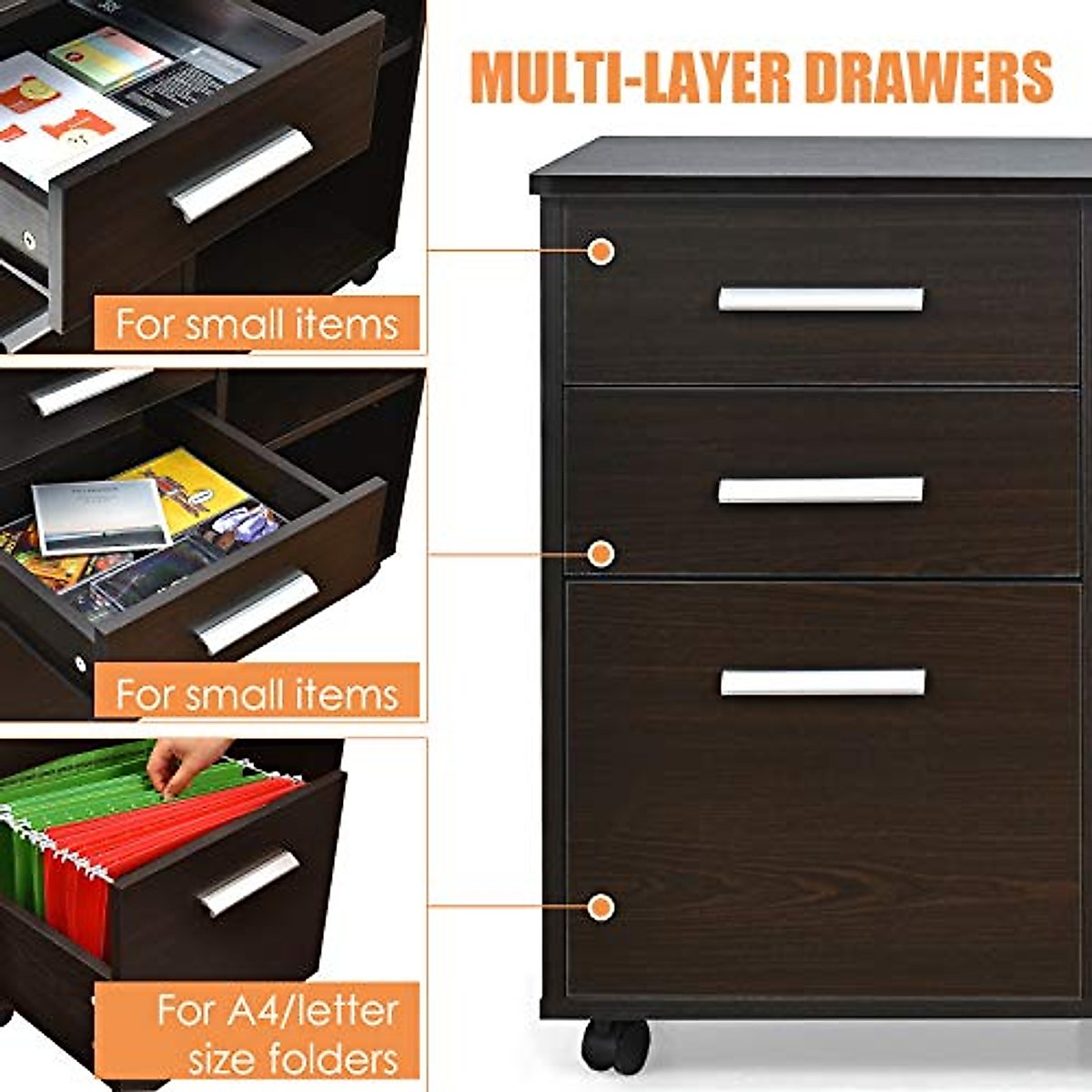 Giantex 3-Drawer File Cabinet, Mobile Lateral Filing Cabinet with Wheels, Large Printer Stand with 3 Drawers and Open Storage Shelves, Multifunctional Storage Cabinet for Home Office (Espresso)