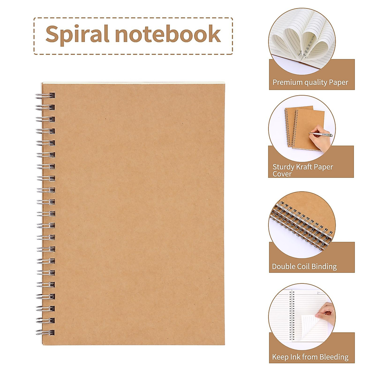 EOOUT 3 Pack Spiral Notebook College Ruled Notebook, 7.48 x 5.11 Inches Journal Soft Kraft Cover,100 Pages/ 50 Sheets for Students Office Business
