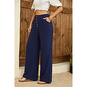 SVALIY Women Flowy Pants Cotton Linen Wide Leg Palazzo Pants Long Lounge Slacks High Waist Button Trousers Pocket Navy M