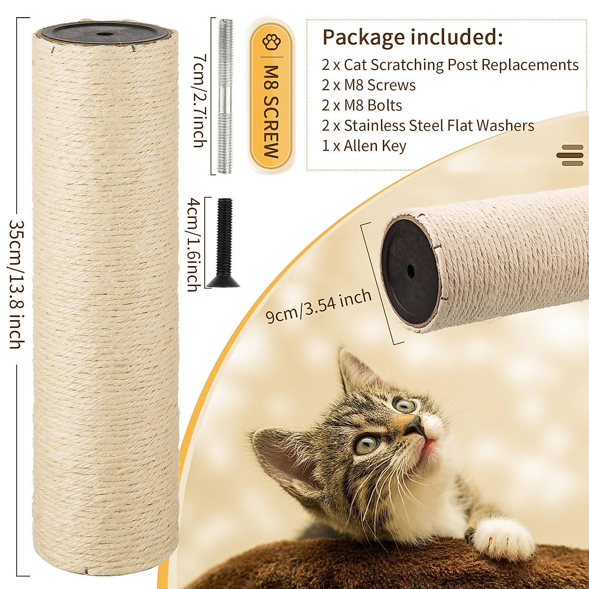 2 Root Cat Scratching Post Replacement 17.72x3.54 Cat Tree Scratch Post Replacement Natural Sisal Pole Cat Scratch Post Refill Pole Part with M8 Screws for Kitten Tree Tower Cat Furniture Accessories