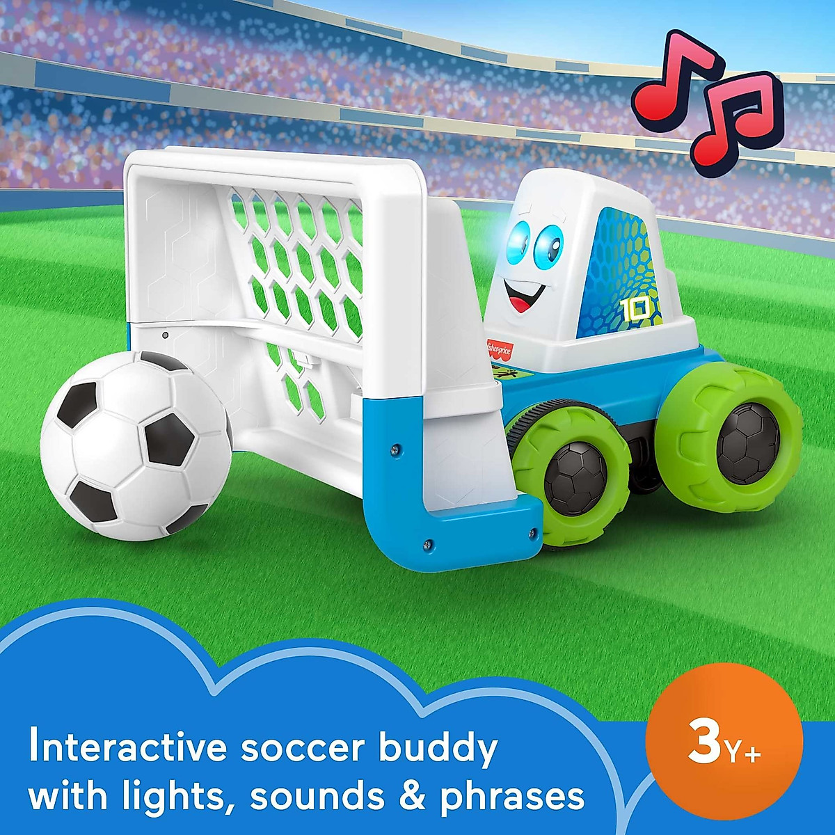 Fisher-Price Preschool Toy Goaldozer Electronic Soccer Game with Net Lights Sounds & Motorized Motion for Sports Play Kids Ages 3+ Years