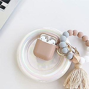 Gtinna Fashion Cute Stripe for Apple AirPods 1&2 Case,Silicone Case for AirPods Wireless Charging Case with Silicone Beaded Bracelet Colorful Tassel Charm Keychain Accessories (Khaki)