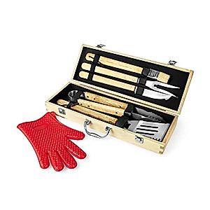 Makerflo BBQ Grill Accessories Set, Barbecue 11 Pieces Maple Wood Toolbox, Stainless Steel Utensils with Gloves, Organized Outdoor Cooking Camping Grilling Rust Free Portable Kit, Gifts for Men