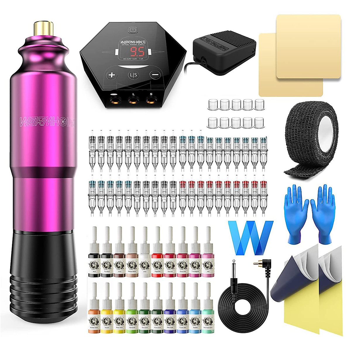 Wormhole Rotary Tattoo Machine Kit - 40 Cartridges, 20 Inks, Power Supply - Complete Professional Tattoo Pen Set for Beginners and Artists