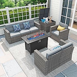JOIVI 8 Pieces Patio Furniture Set with Fire Pit Table, Outdoor Patio Conversation Set, PE Wicker Sectional Sofa Set with Storage Box for Garden, Poolside, Backyard, 3 Blue Pillows Included, Grey
