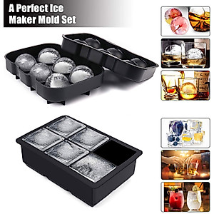 Ice Cube Trays Silicone Combo Mold - Set of 2, Sphere Ice Ball Maker with Lid & Large Square Molds, Reusable and BPA Free