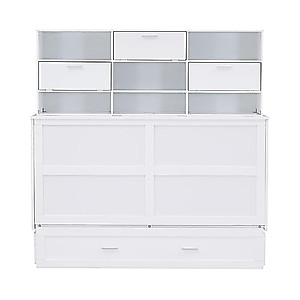 Queen Size Murphy Bed with Bookcase, Bedside Shelves and a Big Drawer, Multi-Functional Murphy Bed for Kids, Teens Bedroom, Space Saving Design & Easy Assembly (White-)