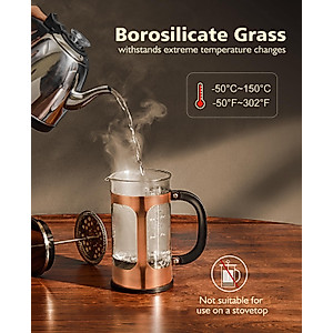 BAYKA French Press Coffee Maker, Glass Classic Copper 304 Stainless Steel Coffee Press, Cold Brew Heat Resistant Thickened Borosilicate Coffee Pot for Camping Travel Gifts, 34 Ounce