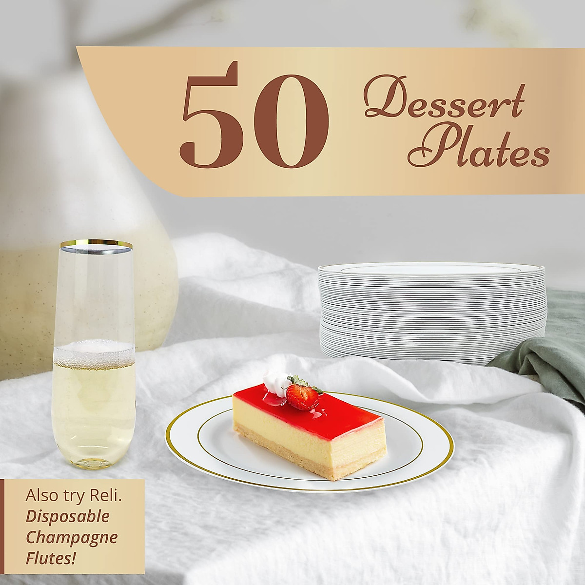 Reli. 50 Pcs Plastic Dessert Plates, Disposable (7.5 inch, White w/Gold Rim) | Small Plates for Party, Heavy Duty | Hard Plastic, for Dessert, Wedding, Birthday, Salad/Appetizer (7.5")