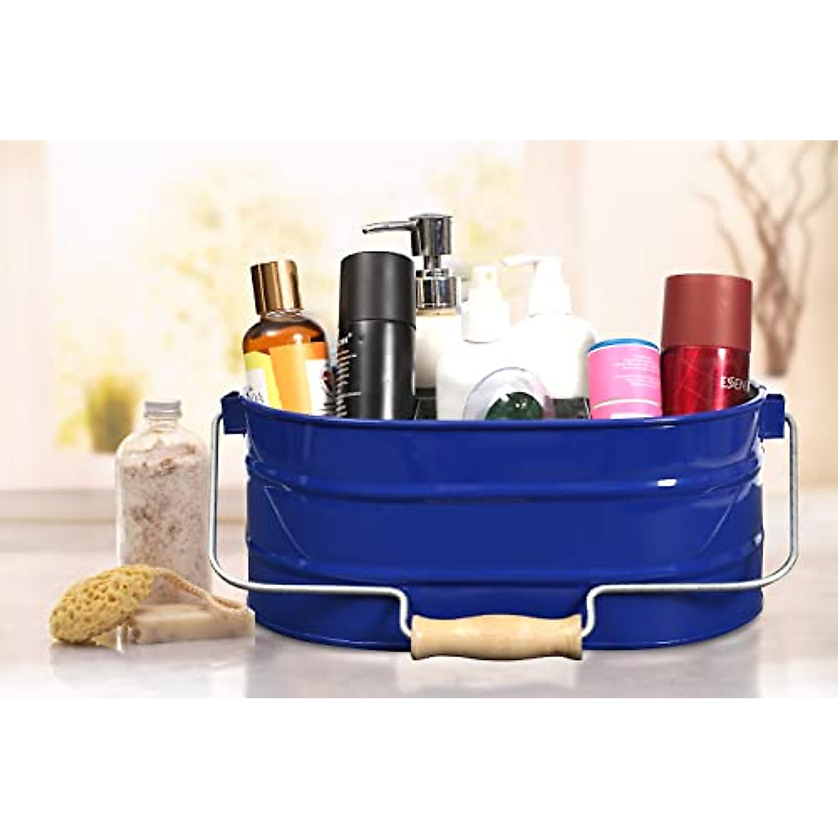 Homebia Designs Galvanized Metal Caddy with 4 Compartments, Rustic Farmhouse Kitchen Indoor Outdoor Utensil Holder, Multipurpose Storage Bin, Metal Garden Planters - 12 Inch - Navy