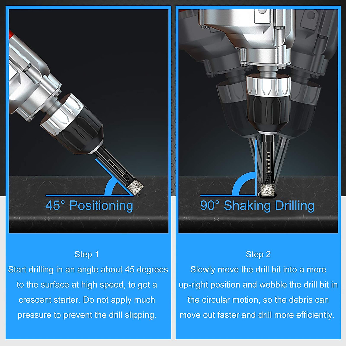 Dry Diamond Drill Bits Set 5 PCs for Granite Ceramic Marble Tile Stone Glass Hard Materials (not for Wood), Round Shank 1/4, 5/16, 3/8, 1/2 inch with Storage Case