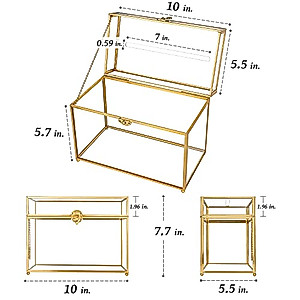 REDHUGO 10x5.5x7.7 inches Gold Glass Card Box Handmade with Slot, Wedding Card Boxes for Reception, Graduation, Gift Cards, Party, Brass Geometric Terrarium, Golden Decorative Box, Medium