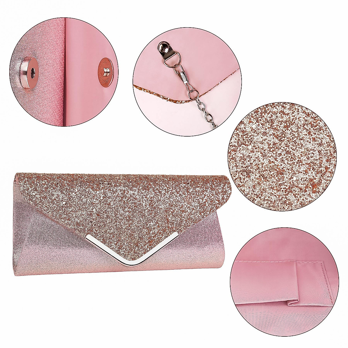 Women Evening Envelope Handbag Prom Sequin Clutch Purse Shoulder Cross Body Bag (Pink)