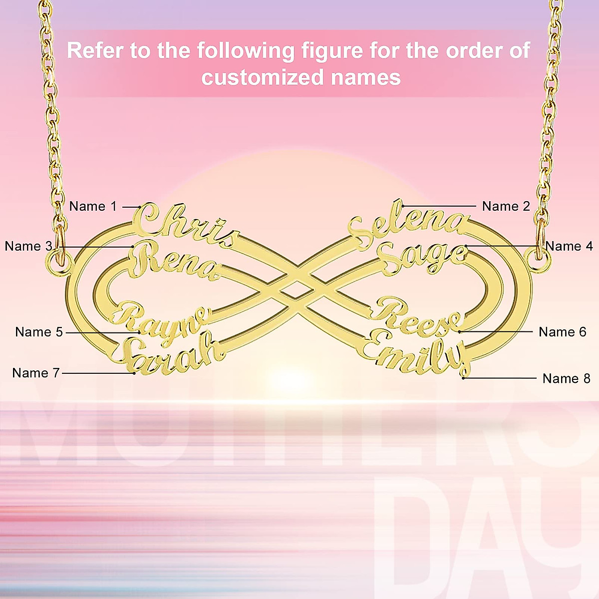 ORFAN Personalized Infinity Name Necklace Custom 1-8 Name Necklace Personalized for Women BFF Girlfriend Family Name Necklace for Women (2 name and text)