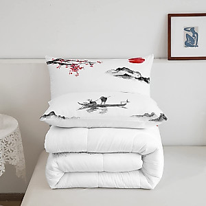 Japanese Ukiyoe Theme Comforter Set Hokusai Pattern Bedding Set Japanese-Style Comforter White Quilted Duvet Set for Kids Boys Girls Full