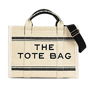JQAliMOVV The Tote Bag for Women, Straw Tote Bag with Zipper Woven Beach Bag Top Handle Straw Handbag Purses for Travel