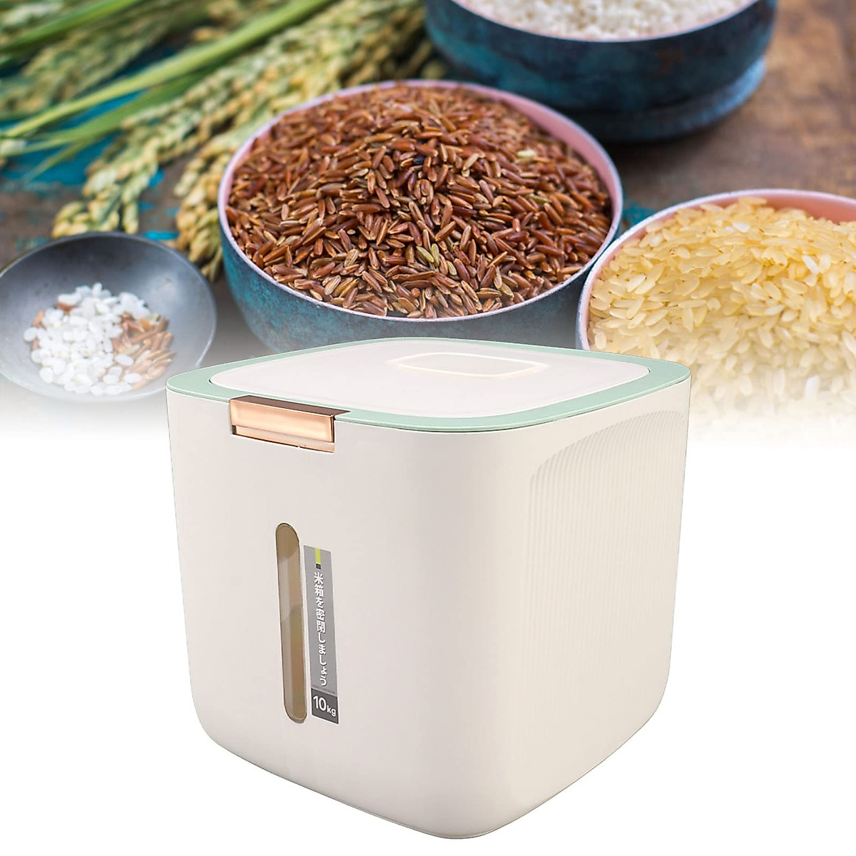 Rice Storage Container, 22.lb Food Storage Container with Lid and Measuring Cup, Moistureproof Cereal Grain Storage Box for Beans Grain Flour and Pet Food (Light Green)