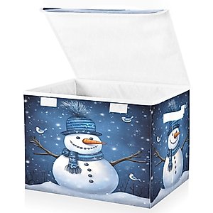 RunningBear Christmas Winter Snowman Blue Large Storage Bins with Lid Collapsible Storage Bin Storage Organizer Bin Fabric Foldable Storage Organizer Containes for Office Bedroom Clothes Toys