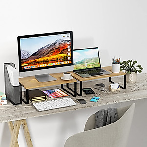 OUTWOLF 2 Pack Monitor Stand Riser,Bamboo Dual Desk Organizer with Rubber Non Slip Pieces for Computer Laptop Printer,Upgrated Version.