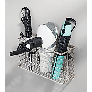mDesign Steel Wall Mount Hair Dryer Storage Organizer - Hair Styling Tool Basket for Bathroom and Bedroom - Holds Hair Dryer, Flat Iron, Curling Wand, Hair Straightener - Linelle Collection - Satin