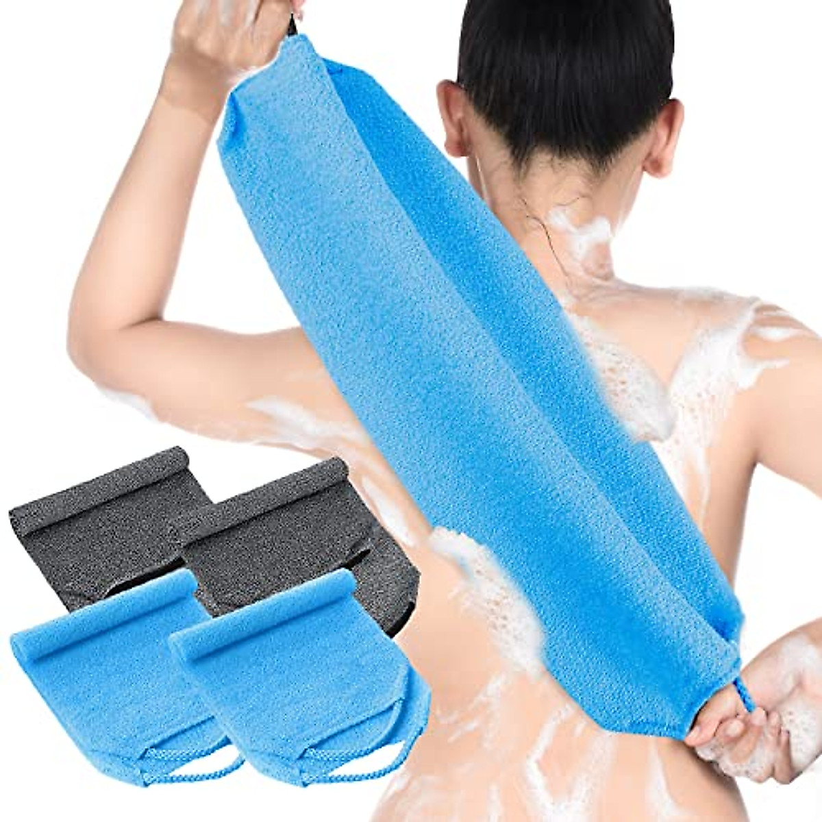 Exfoliating Back Scrubber with Handles 4 Packs Nylon Back Exfoliator Extended Length Back Washers Scrubbers Stretchable Pull Strap Exfoliating Washcloth (Gray, Deep Blue)