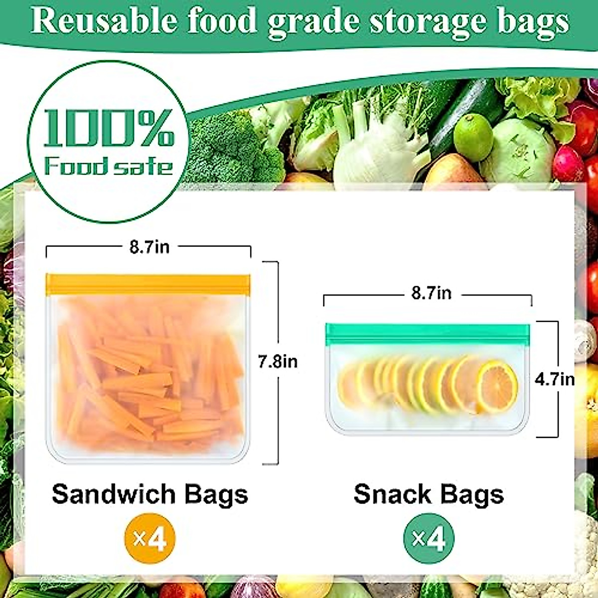 Silicone Bags Reusable Storage Freezer Bags, Silicone Ziplock Bags 4 Reusable Sandwich Bags + 4 Reusable Snack Bags, Leakproof Reusable Food Storage Bags Containers for Travel Picnic, Work, Home Use
