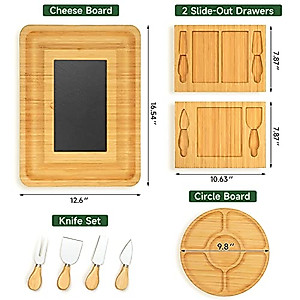 Bamboo Cheese Board Set with Marble, Large Charcuterie Boards and Knife Set, Cheese Platter with 2 Drawers, Include Round Fruit Cheese Platter, Meat and Cheese Cutting Board Housewarming Gift