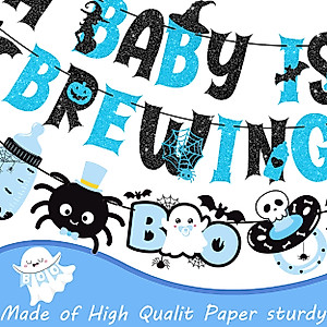 Halloween A Baby Is Brewing Banner Halloween Baby Shower Party Decorations 3pcs Blue and Black A Baby Is Brewing Banners for Boy Halloween Party Spooky Ghost Boo Theme Party Pumpkin Bat Witch Theme Baby Shower Supplies
