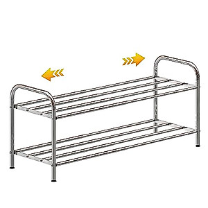 SKIKEN 2-Tier Low Shoe Rack, 100% Stainless Steel, Small Expandable Shoe Rack, Stretchable Rod, No Rust, Easy to Care, Simple Metal Storage Rack For Entrance, Stairs Side, Closet, Bathroom