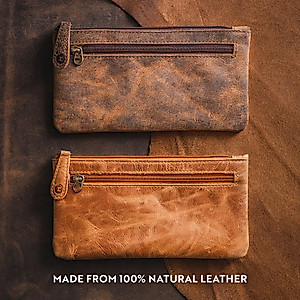 Moonster Leather Pencil Case Beautifully Handcrafted Zippered Pouch That’s Made To Last - Elegant, Practical Pencil Cases for Adults & Students - Unique 8" x 4" Design with Side Pocket & Keyring