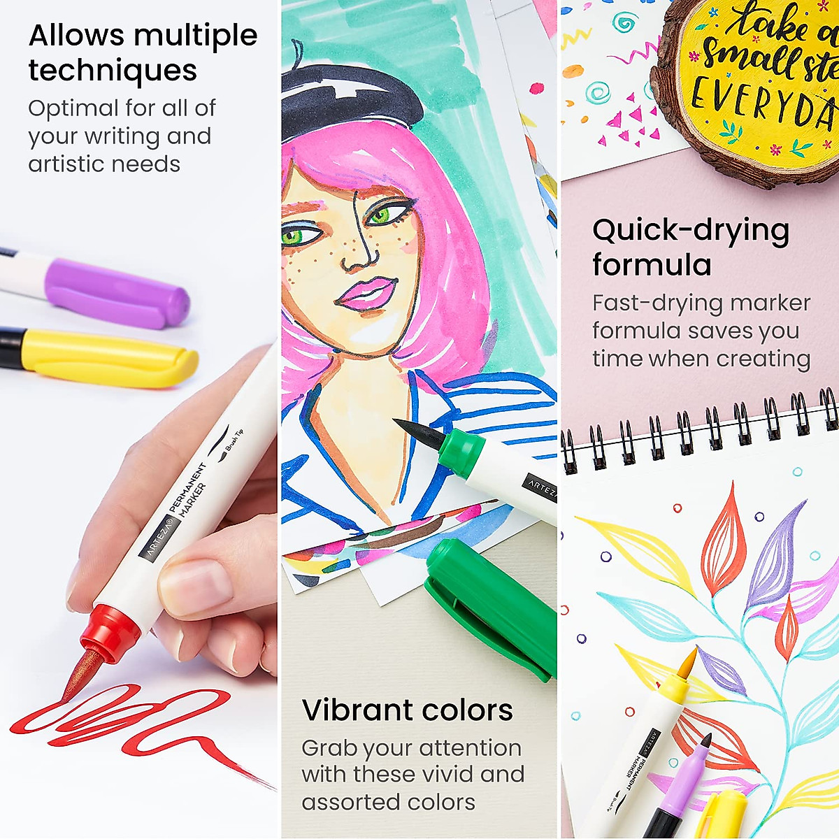 ARTEZA Colored Permanent Markers, Set of 40, Fine & Brush Tip Paint Pens