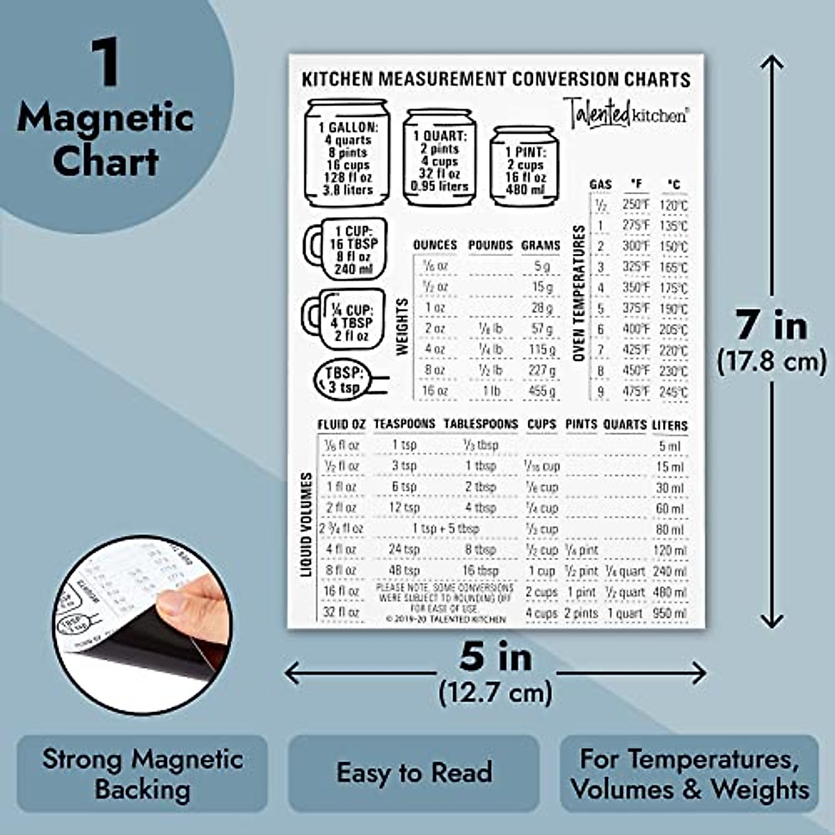 Talented Kitchen Measurement Metric Conversion Chart Magnet for Cooking, Refrigerator Magnetic White Vinyl with Weight, Liquid, Temperature for Fridge (5 x 7 in)