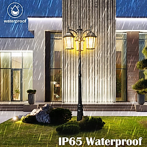 ZJOJO Outdoor Post Light, Triple-Head LED Street Light, 2700K,1100lumens, Vintage Clear Glass Shade Lamp Lights Fixture for Garden Backyard Patio Walkway Lighting-Black C819