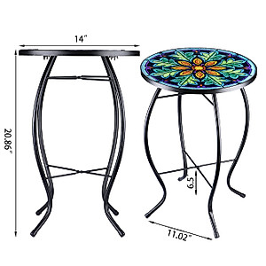 VCUTEKA Outdoor Side Table Mosaic End Table Patio Side Table Small End Table Glass Top Round Balcony Coffee Table Porch Indoor Glass Top