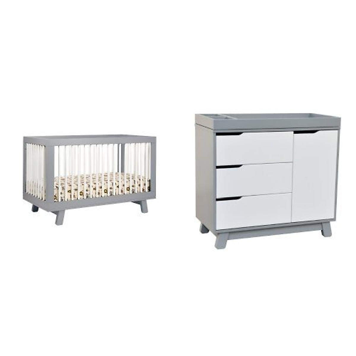 babyletto Hudson 3-in-1 Convertible Crib with Toddler Rail, Grey/White and Hudson Changer Dresser, Grey/White